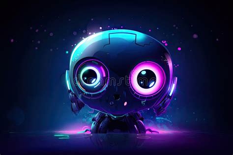 Visualization Of Robot Assistant Or Chat Bot On Web Site Cute Robot With Big Eyes On Dark