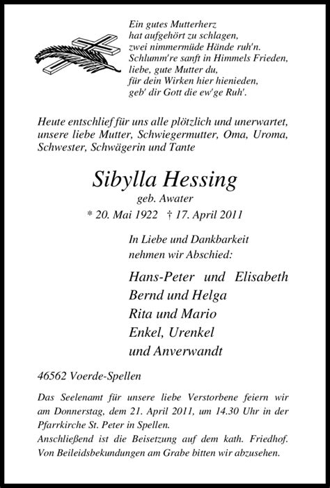 Traueranzeigen Von Sibylla Hessing Trauer In Nrw De