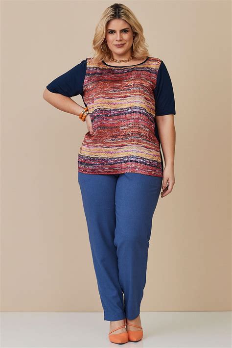 Blusa Plus Size Mix De Tecidos Azul Vk Moda Plus Size