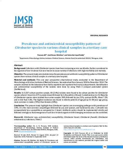 Pdf Prevalence And Antimicrobial Susceptibility Pattern Of Citrobacter Species In Various
