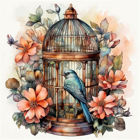 Premium Ai Image There Is A Bird In A Cage With Flowers Around It