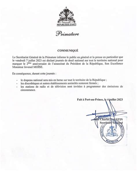 juillet jour de deuil national en mémoire de Jovenel Moïse Endijen Enfo