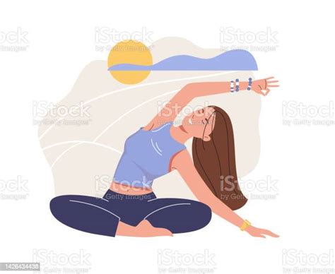 요가를하는 소녀 요가 연꽃에 앉아있는 젊은 여성이 포즈를 취합니다 명상 벡터 일러스트 레이 션 건강한 생활방식에 대한 스톡 벡터
