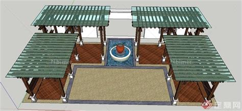 现代中式木制廊架组合景观su模型 Sketchup模型库 毕马汇 Nbimer