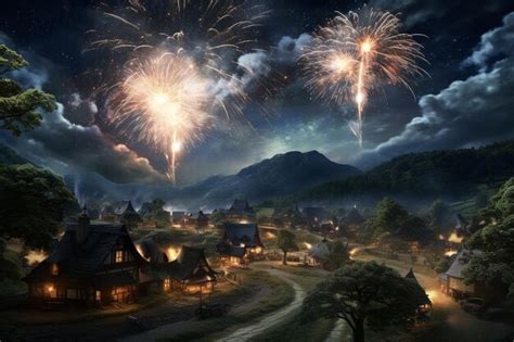 Fireworks Lighting Up A Rural Landscape Fourth Of July American