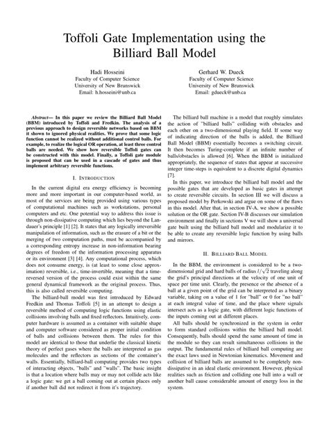 Pdf Toffoli Gate Implementation Using The Billiard Ball Model