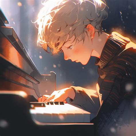 Anime Niño Tocando El Piano En La Lluvia Con La Nieve Cayendo Sobre él