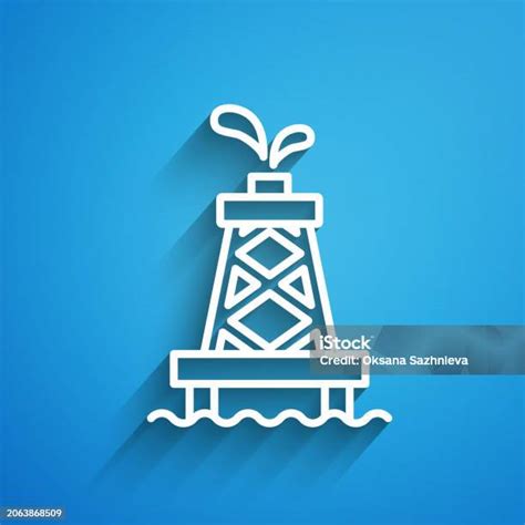 Garis Putih Ikon Rig Minyak Terisolasi Dengan Latar Belakang Biru