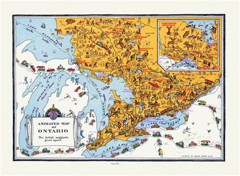 An Animated Map Of Ontario 1929 On Heavy Cotton Canvas 22x27 Approx