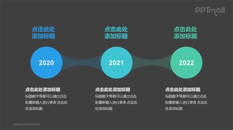 3个蓝绿色半透明圆形组成的时间轴递进关系PPT模板 PPTmall
