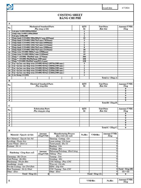 Costing Sheet Pdf