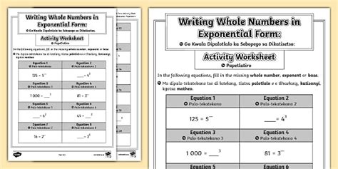 Writing Whole Numbers In Exponential Form Activity Worksheet Setswana