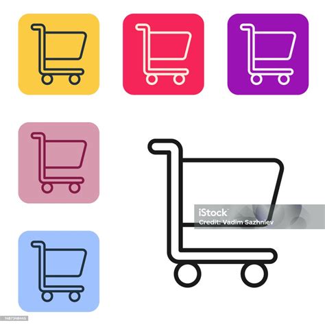 흰색 배경에 격리 된 검은 줄 쇼핑 카트 아이콘 온라인 구매 개념 배달 서비스 기호 슈퍼마켓 바구니 기호 색상 정사각형 단추로 아이콘을 설정합니다 벡터 개념에 대한 스톡