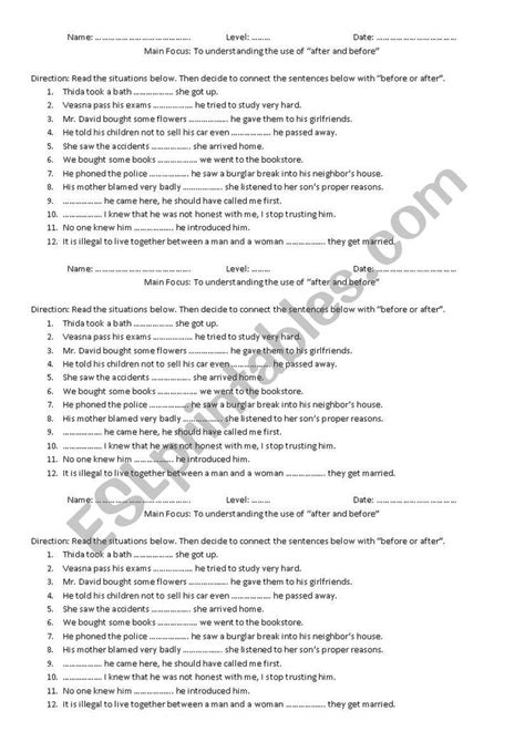 Before And After Combine The Sentences Using Before And After Esl