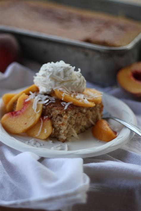 A Bountiful Kitchen Fresh Peach And Coconut Cream Cake