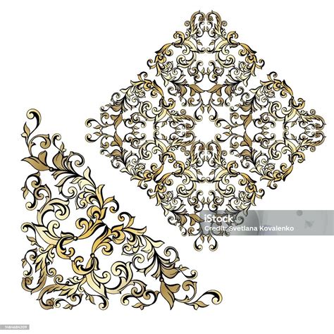 벡터 다마스크 빈티지 바로크 두루마리 장식 소용돌이 빅토리아 시대 모노그램 전령 방패 소용돌이 복고풍 꽃잎 패턴 테두리 단풍 골동품 아칸서스 서예 새겨진 문신 이음새가 없는