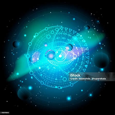 神聖或神秘的標誌的向量例證反對空間背景與行星和星中繪製的抽象幾何符號向量圖形及更多催眠圖片 催眠 背景 主題 Space And