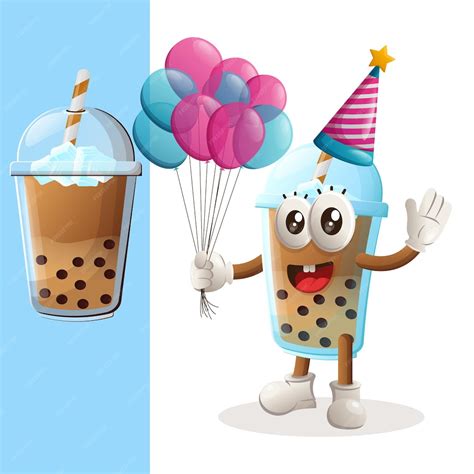 Premium Vector Cute Bubble Tea Mascot Wearing A Birthday Hat Holding