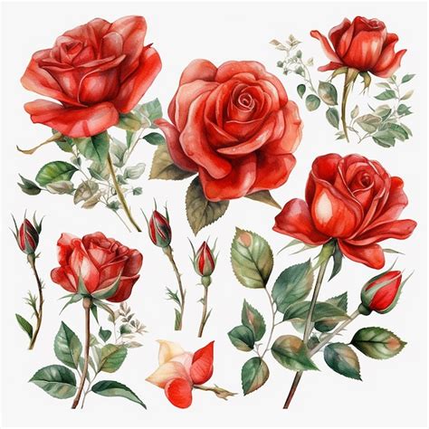 Premium Photo Set Of Watercolor Red Roses Isolated On White Background