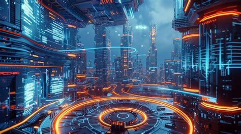 Futuristic Cyber City Night Scene With Neon Lights Premium Ai