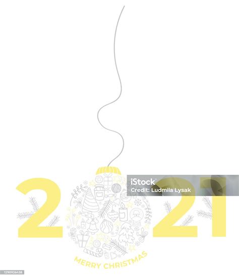 새해 복 많은 2021 즐거운 성탄절 크리스마스 트리 양초 캐러멜 눈송이 날짜 2021 크리스마스 공의 형태로 그림을 윤곽 벡터 일러스트레이션 0명에 대한 스톡 벡터 아트