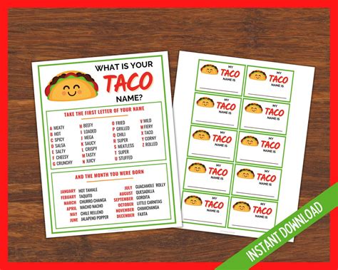 Whats Your Taco Name Cinco De Mayo Printable Game Etsy