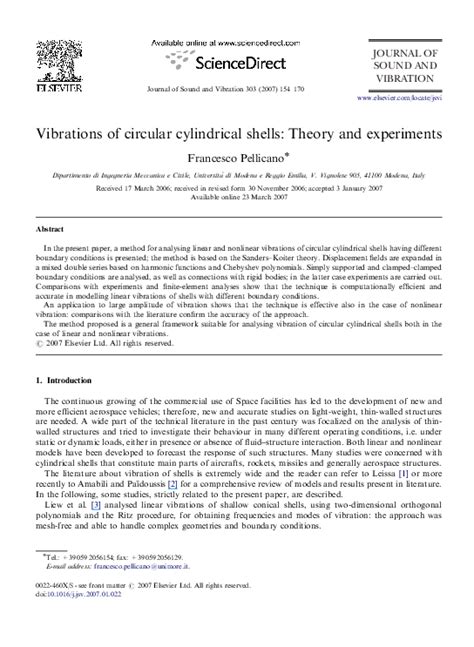 Pdf Vibrations Of Circular Cylindrical Shells Theory And Experiments Francesco Pellicano