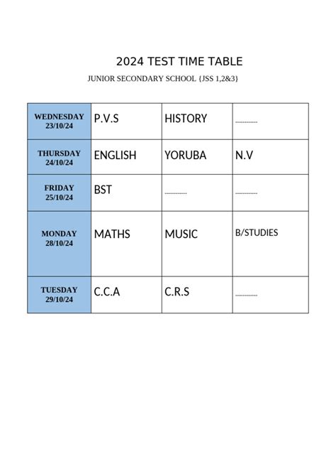2024 Test Time Table Pdf