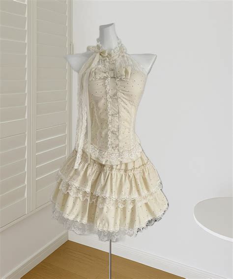 세트가격최저가 옐로우 홀터넥 블라우스캉캉스커트 투피스 Set 에이블리