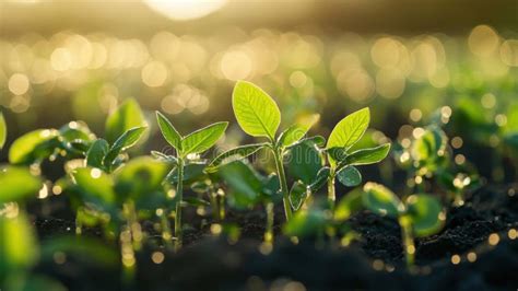 Soybean Seedlings Sprouting in a Sunlit Field during Spring Stock ...