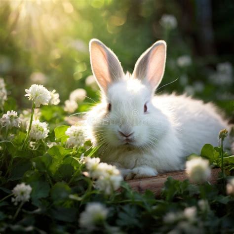 Cute White Rabbit Resting Among Clover In A Sunlit Garden Stock Image