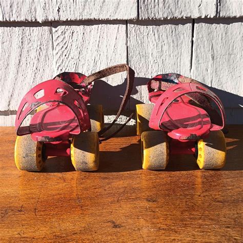Vintage Pair Of Red Roller Skates With Yellow Wheels Chilton Globe