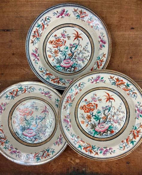 T Till And Son Shanghae Pattern Chinoiserie Style 3 Shallow Rimmed Bowls