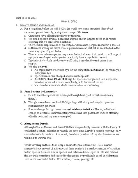 Lecture Week 1 8 24 Notes Introduction To Evolution Biol 114 Fall