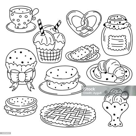 흰색 배경에 고립 된 손으로 그린 낙서 스타일의 달콤한 음식 컬렉션 케이크 비스킷 베이킹 쿠키 패스트리 아이스크림 마카롱 차 디저트 메뉴 또는 음식 패키지 디자인을위한