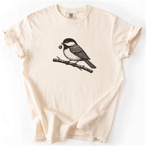 Chickadee With Berry T Shirt Minimal Folk Bird Illustration Comfort