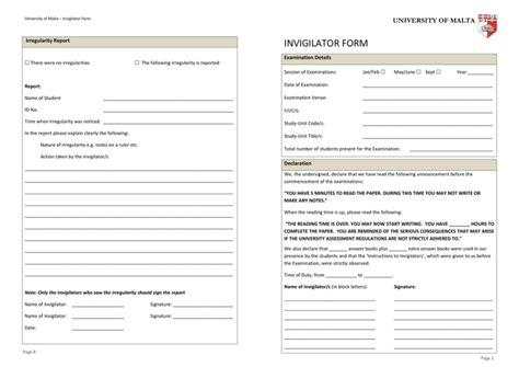 University Of Malta Invigilator Irregularity Report Form