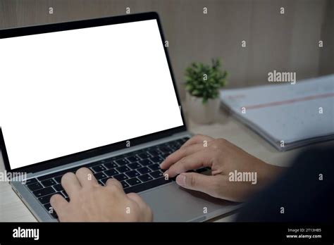 Person Hand Using Keyboard Laptop Computer Mock Up Blank White Screen