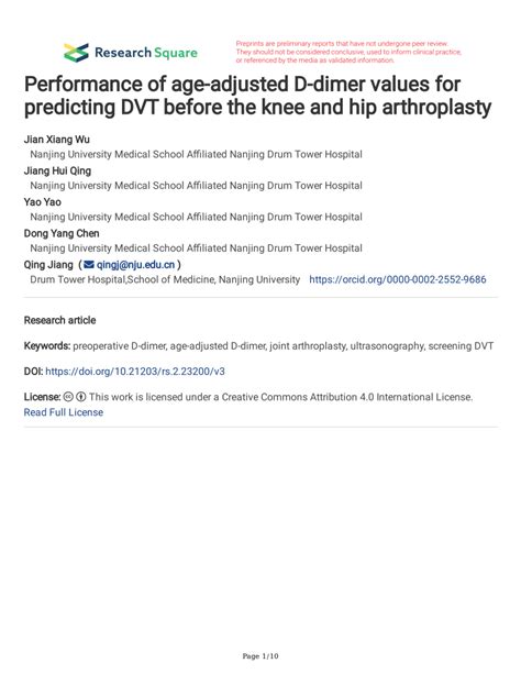 Pdf Performance Of Age Adjusted D Dimer Values For Predicting Dvt Before The Knee And Hip