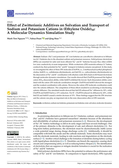 Pdf Effect Of Zwitterionic Additives On Solvation And Transport Of Sodium And Potassium