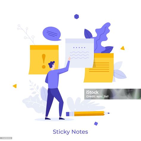 종이 스티커 메모를 표면에 부착하는 남자 접착제 서면 알림 정보 메시지 의견 작업 알림의 개념 배너 포스터에 대 한 현대 평면 다채로운 벡터 그림입니다 알림 아이콘에 대한