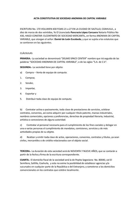 Ejemplo Acta Constitutiva Sociedad Mercantil Word ACTA CONSTITUTIVA