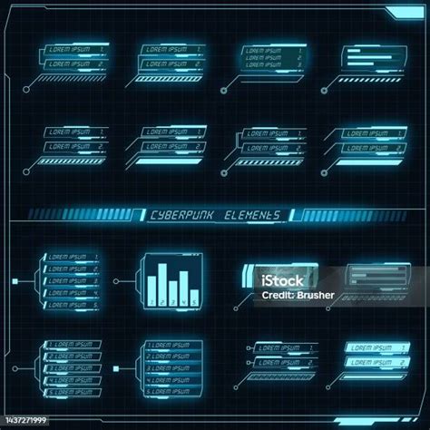 Hud 요소의 공상 과학 미래 패널 컬렉션 Gui Vr Ui 디자인 사이버 펑크 네온 글로우 레트로 스타일 1980 1989