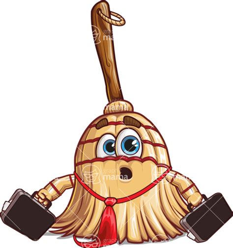 Broom Cartoon Character Set With Two Briefcases Graphicmama