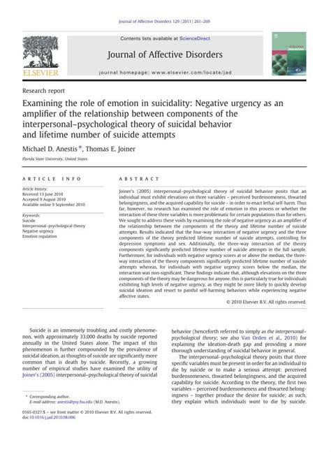 Pdf Examining The Role Of Emotion In Suicidality Negative Urgency As