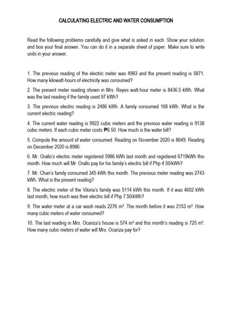 Calculating Electric And Water Consumption Pdf