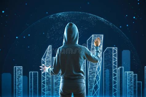 Back View Of Hacker Standing On Digital Tech City Background Digital