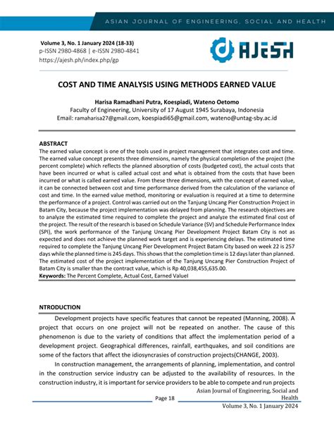 Pdf Cost And Time Analysis Using Methods Earned Value
