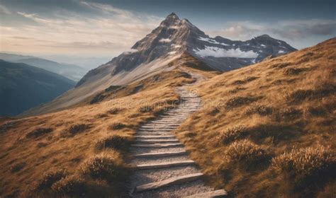 A Winding Stone Path Leads Up A Mountainside Toward A Snow Capped Peak
