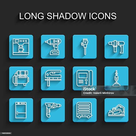 세트 라인 냉장고 전기 드릴 머신 커피 및 컵 히터 대패 도구 퍼즐 진공 청소기 및 하우스 인터콤 시스템 아이콘 벡터 가사 집안일에 대한 스톡 벡터 아트 및 기타 이미지